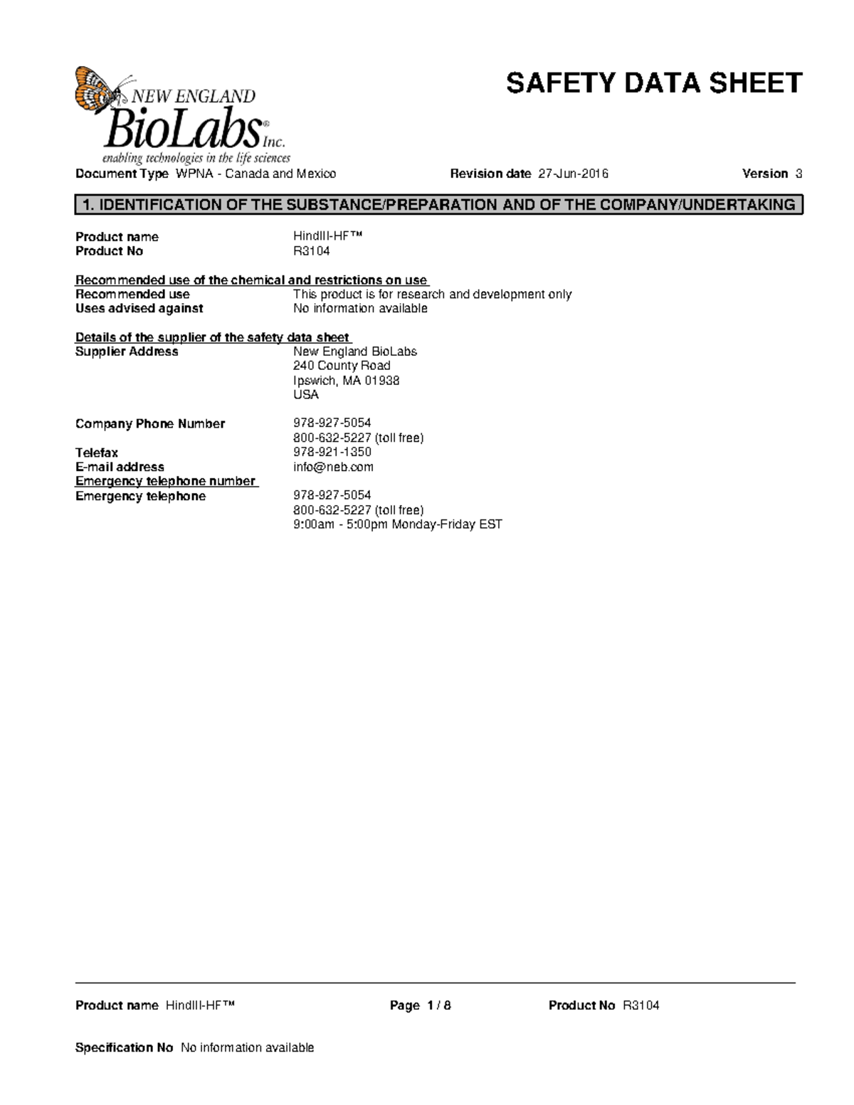 Hind III-HF - HIND lll HF - SAFETY DATA SHEET Document Type WPNA ...