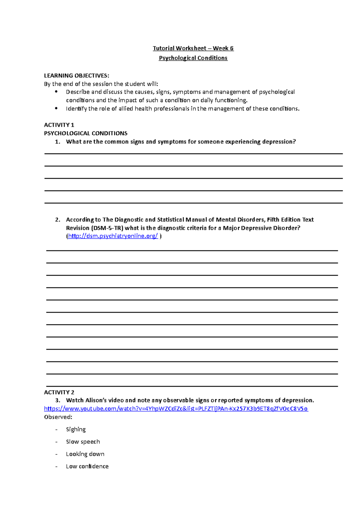Psychological conditions Tutorial Worksheet - Tutorial Worksheet – Week ...