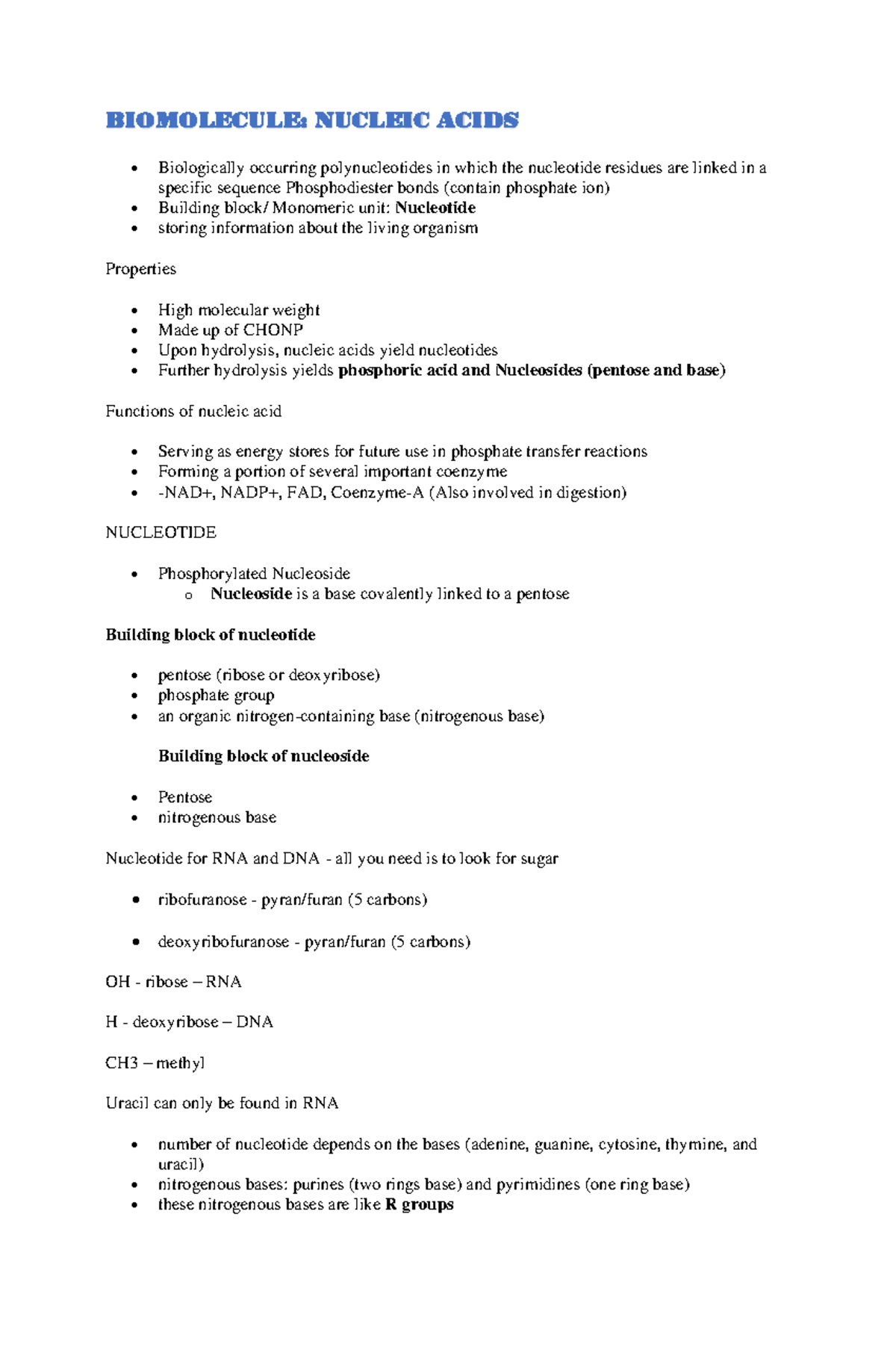 The Nucleic Acids - BIOMOLECULE: NUCLEIC ACIDS • Biologically occurring ...