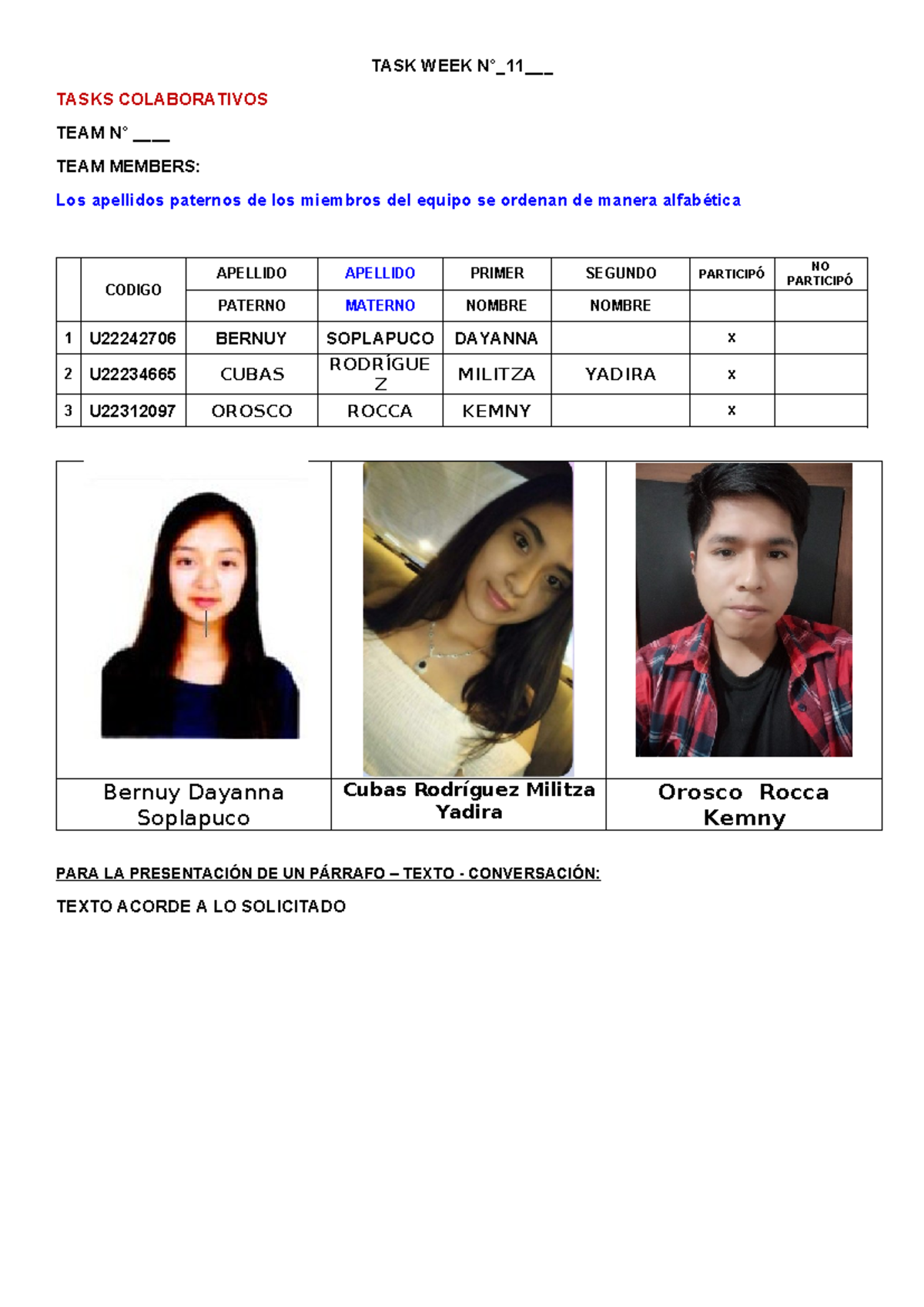 Present DE LOS Tasks 11 - listo - TASK WEEK N°_11___ TASKS COLABORATIVOS TEAM N° ____ TEAM ...