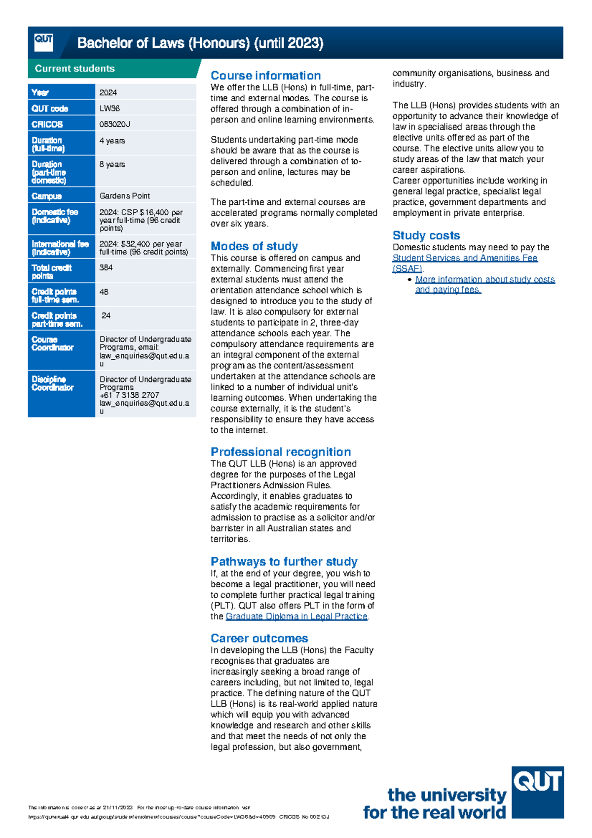 QUT Law Course Structure - This information is correct as at 21/11/2023 ...