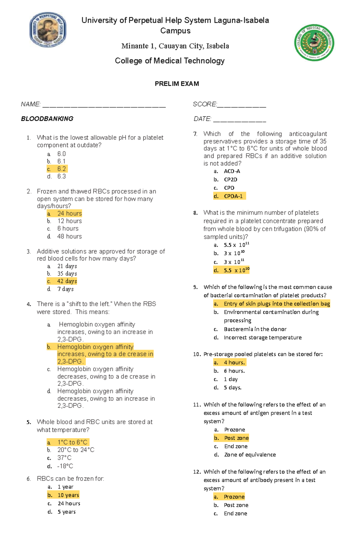 BB Prelim EXAM Interns - Sample Exam for BB - University of Perpetual ...