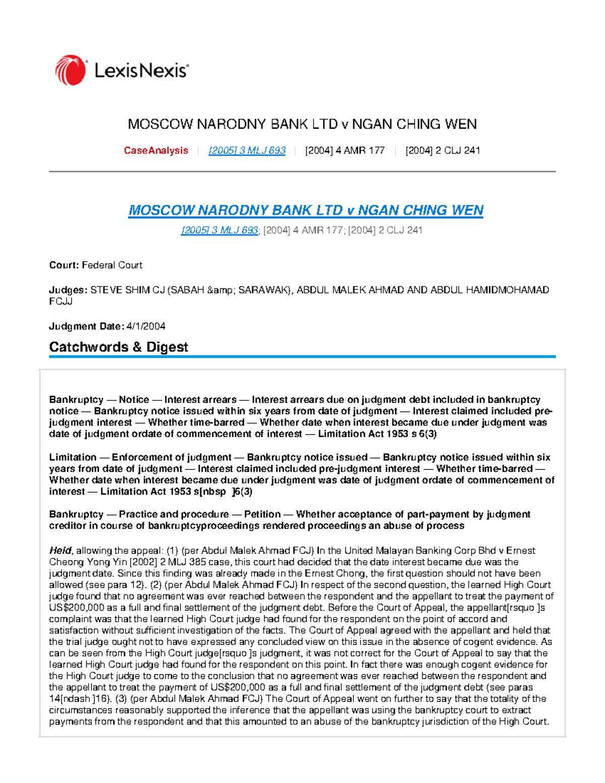 Moscow Narodny BANK LTD v NGAN Ching WEN - MOSCOW NARODNY BANK LTD v ...