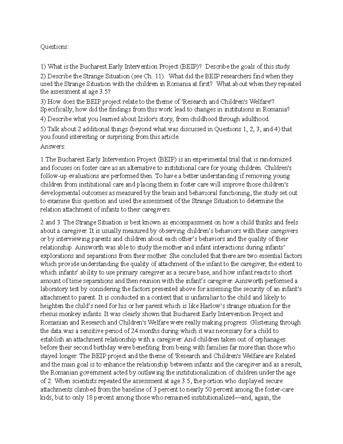 Week 9 homework assignment - Questions: What is the Bucharest Early Intervention Project (BEIP ...