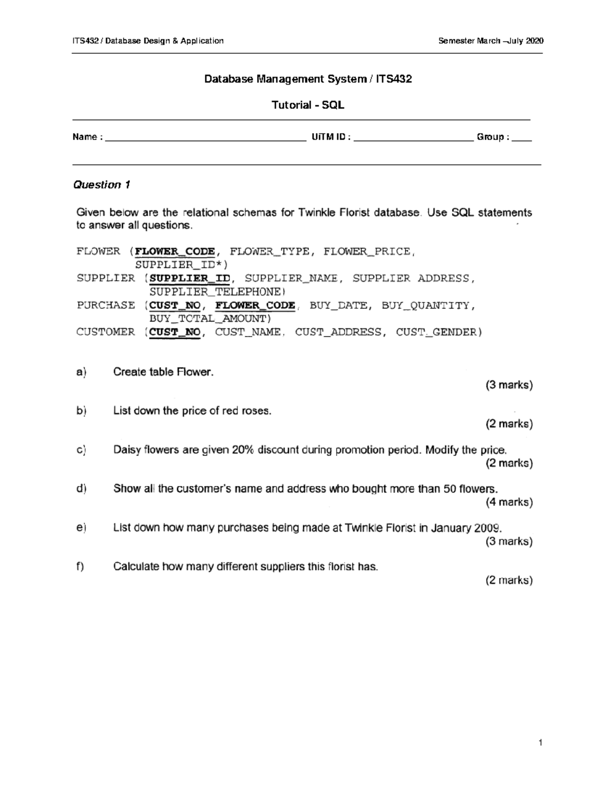 ITS432 Tutorial SQL Solution (Flower) - latest - Database Management ...