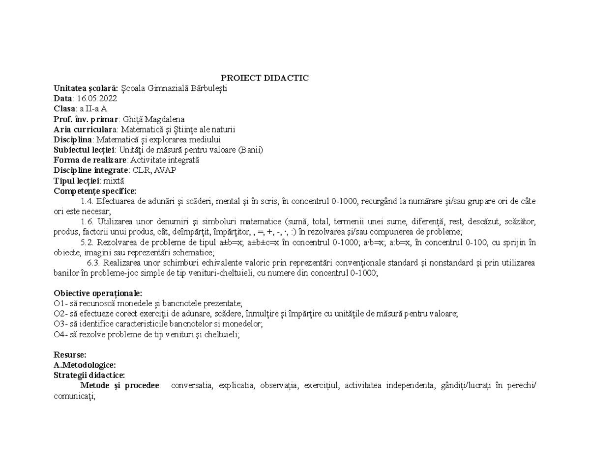 2 Proiect Didactic- MEM - PROIECT DIDACTIC Unitatea școlară: Școala Gimnazială Bărbulești Data ...