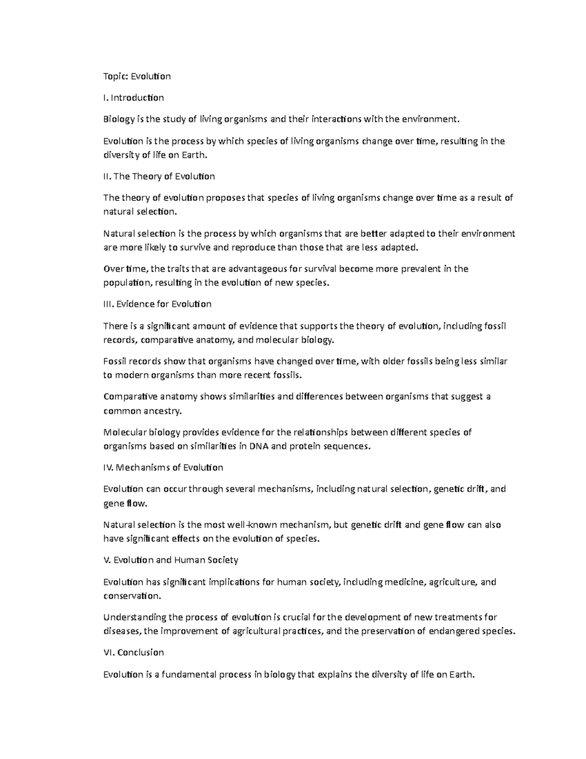 Evolution - Topic: Evolution I. Introduction Biology is the study of ...