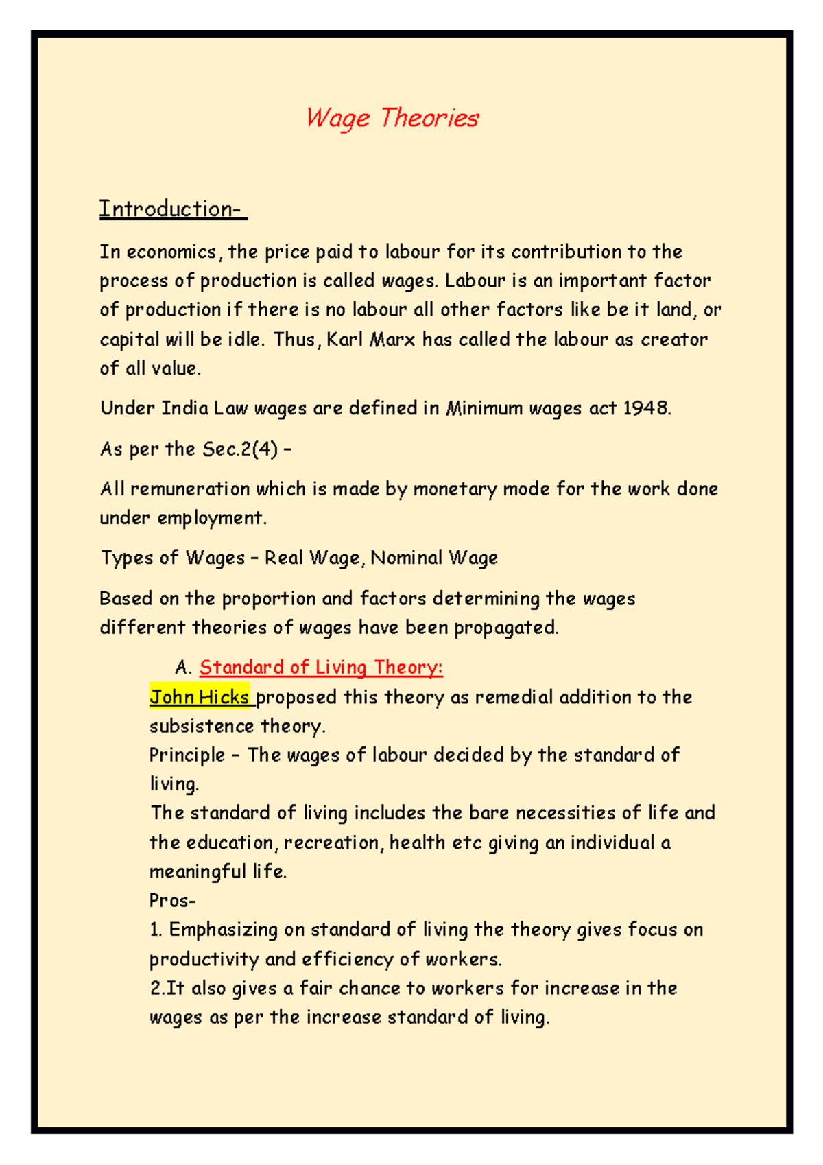 Standard of Living Theory - Wage Theories Introduction- In economics ...
