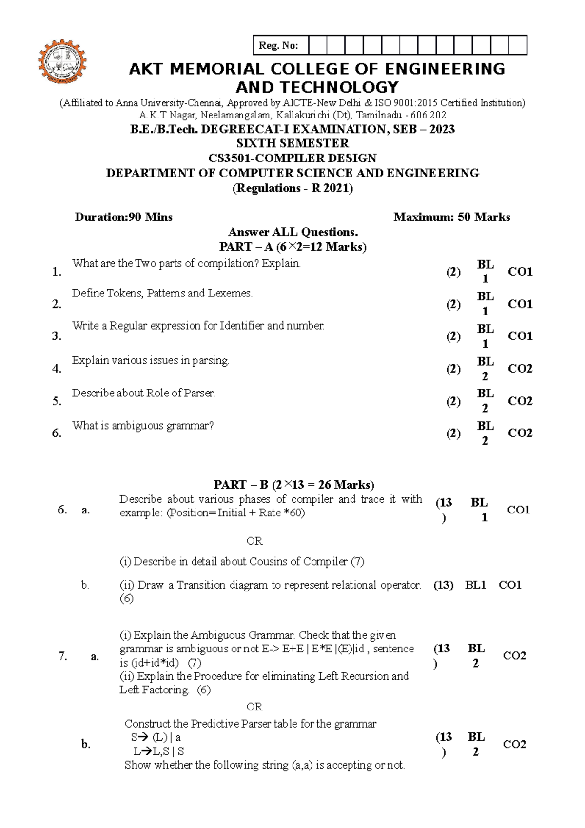 CD CAT1-QP - cs quetsion paper - AKT MEMORIAL COLLEGE OF ENGINEERING ...