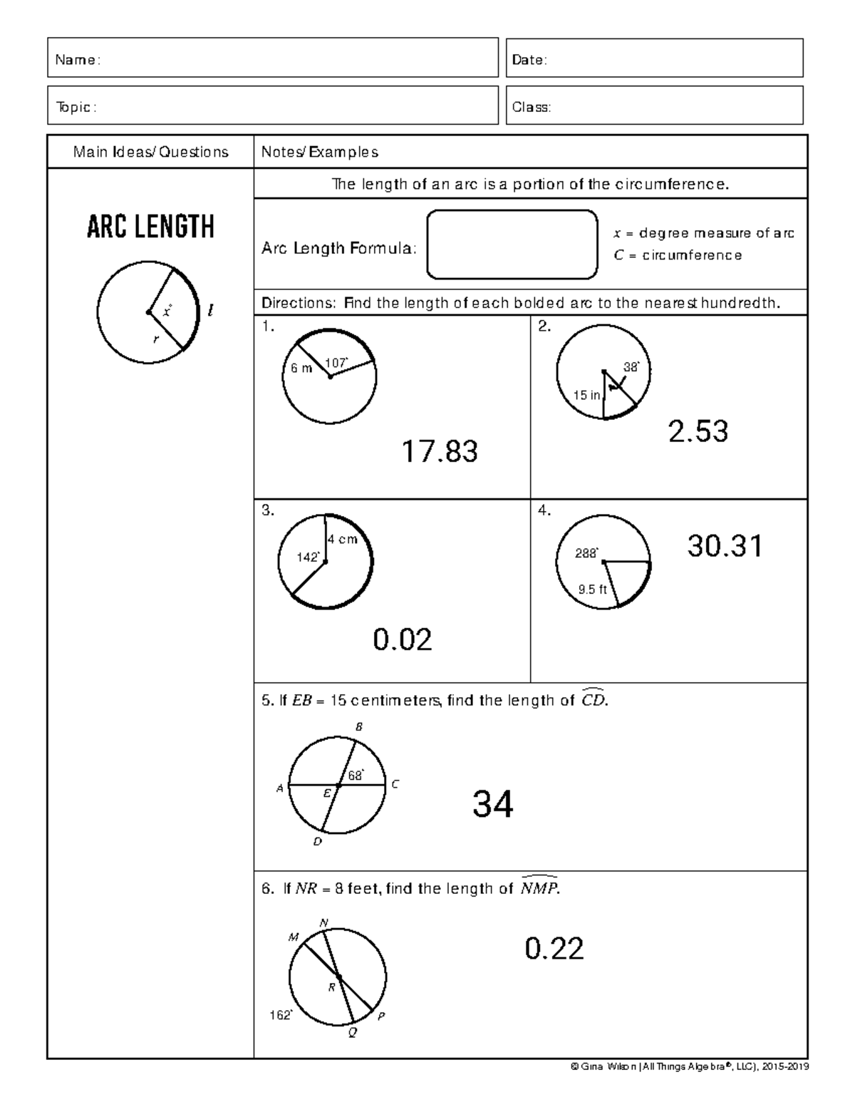 Homeowrk - class notes - Main Ideas/Questions Notes/Examples Arc Length ...