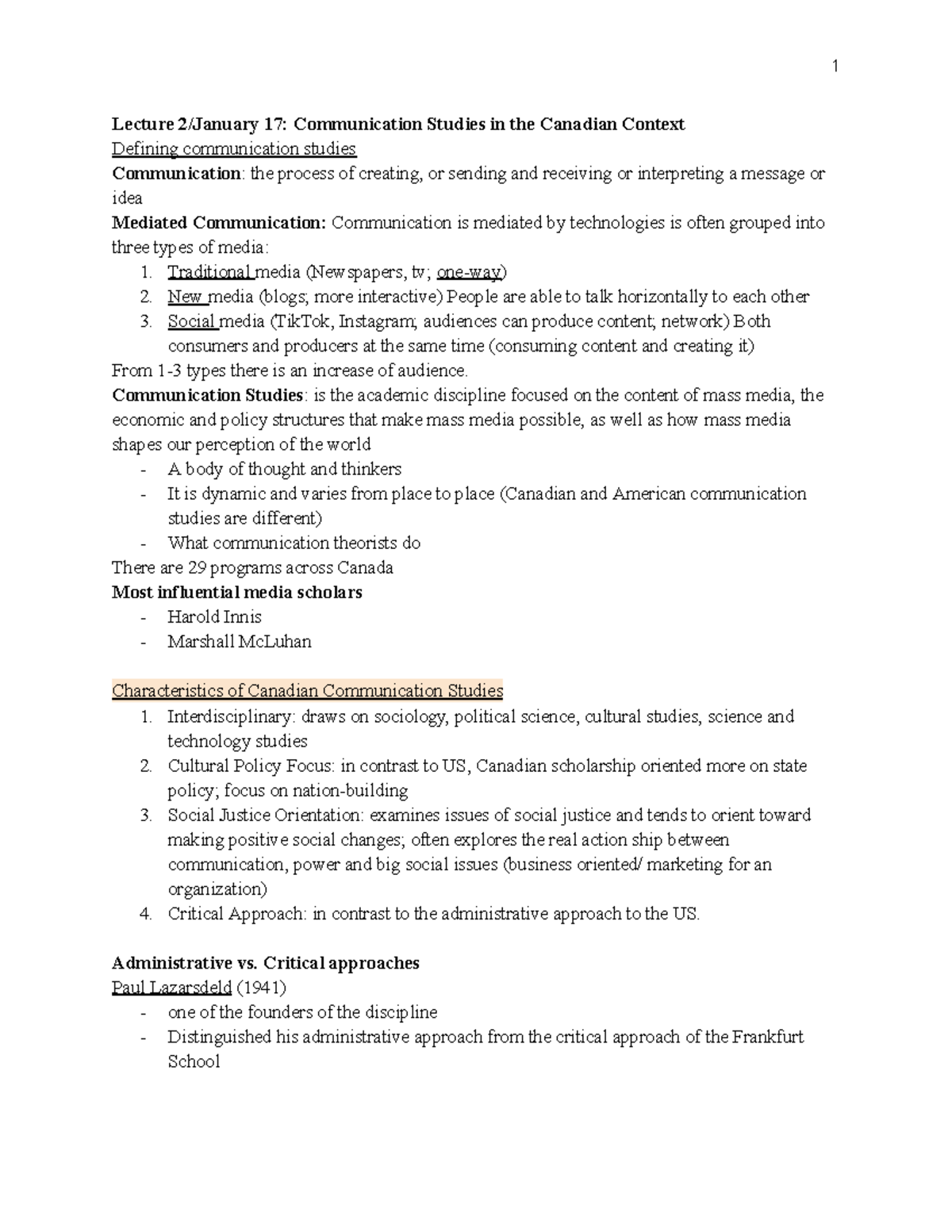 Final CS101 Notes - Lecture 2/January 17: Communication Studies in the ...