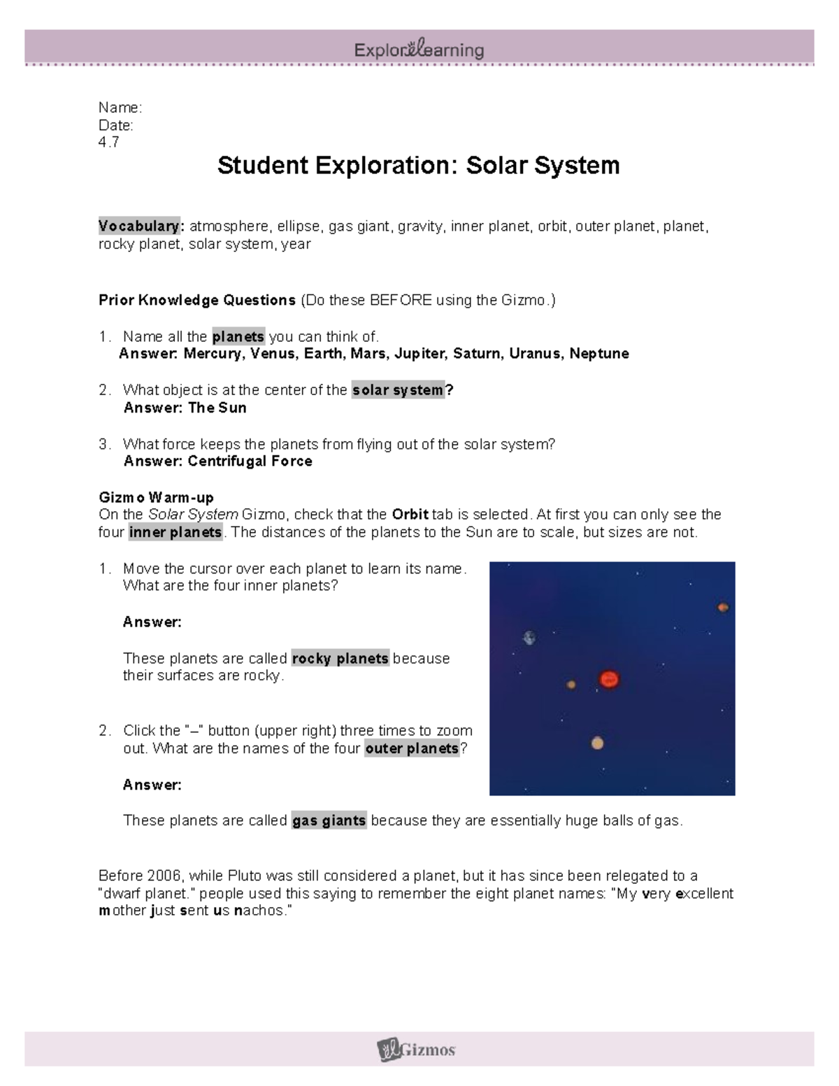 Solar System - Name: Date: 4. Student Exploration: Solar System ...