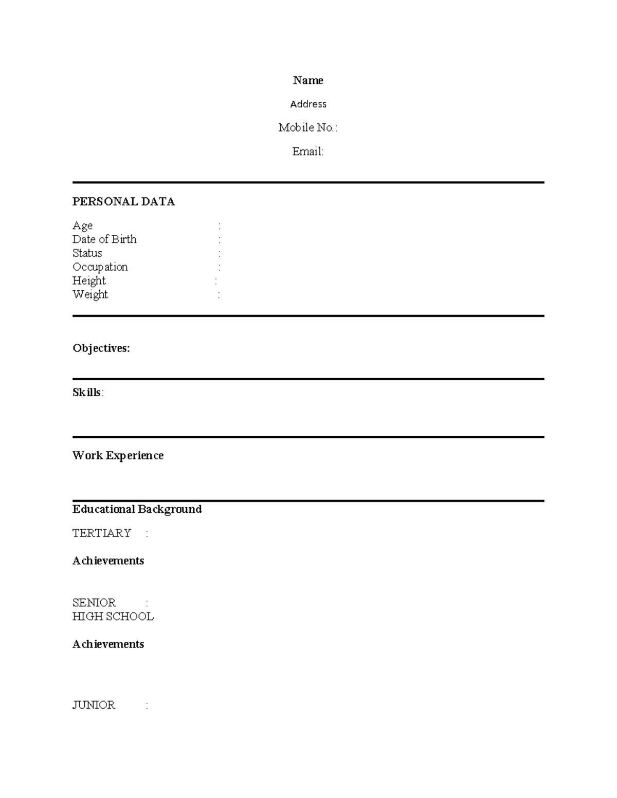 Resume 1 - BS Education - Name Address Mobile No.: Email: PERSONAL DATA ...