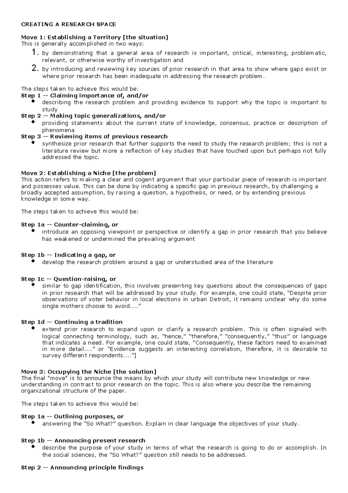 Creating A Research Space - CREATING A RESEARCH SPACE Move 1 ...