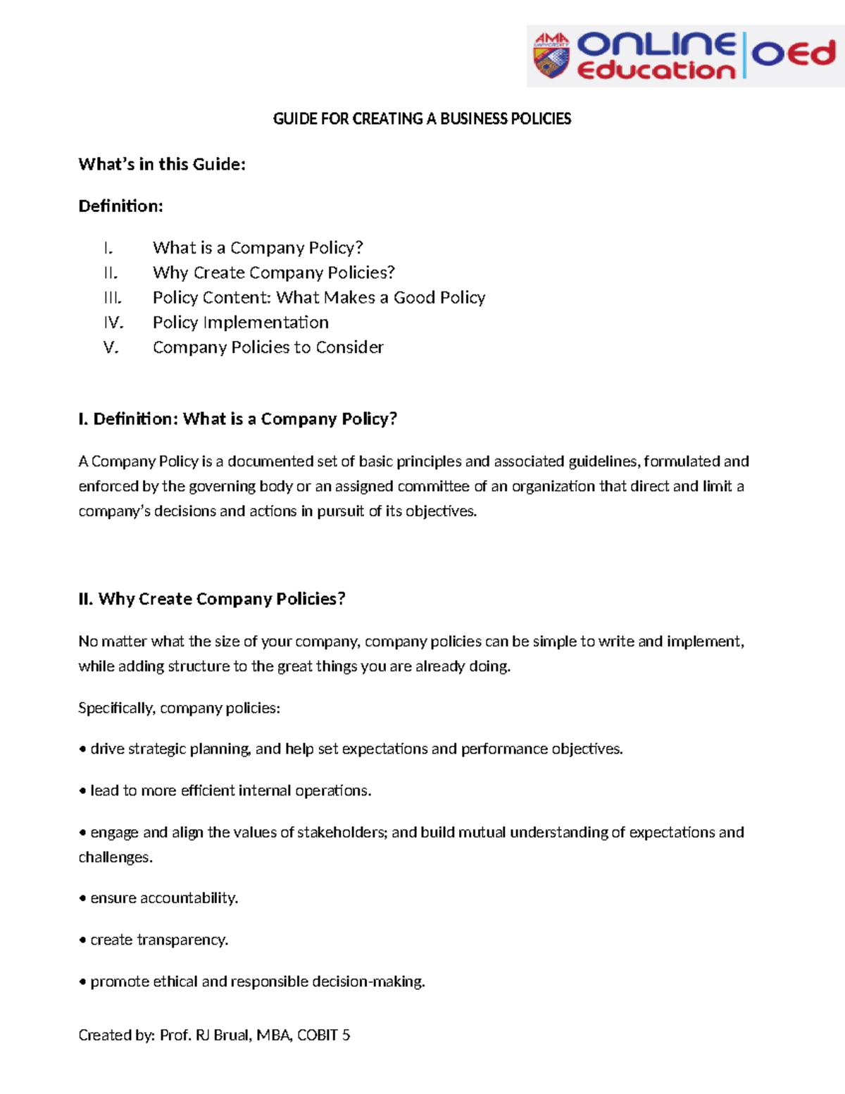 Guidelines to Draft Business Policies v1 - GUIDE FOR CREATING A ...