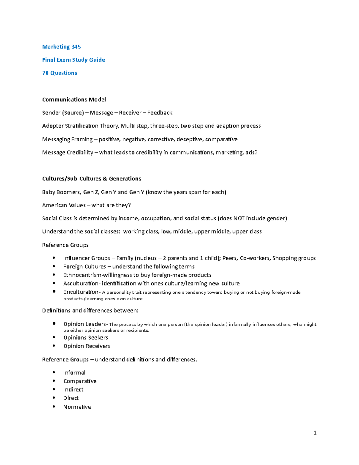 FInal Exam Study Guide - Marketing 345 Final Exam Study Guide 70 ...
