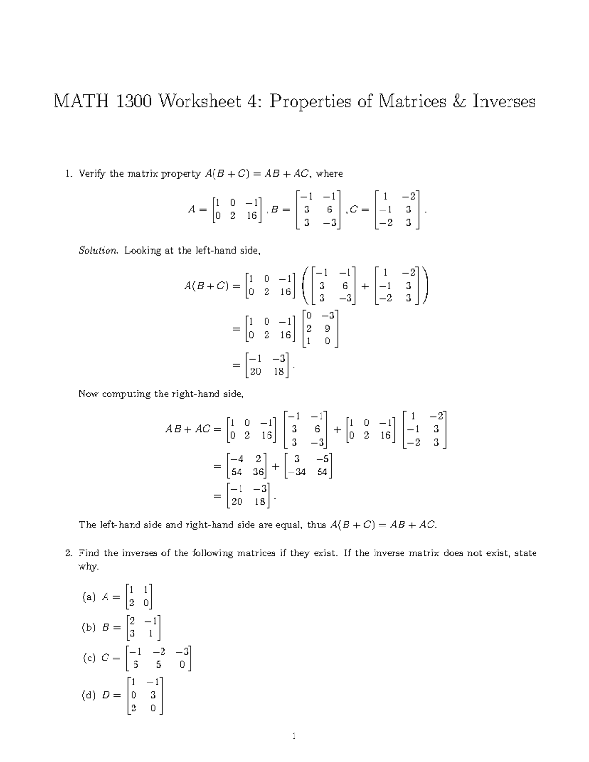 Worksheet 4 sol - MATH 1300 Worksheet 4: Properties of Matrices ...