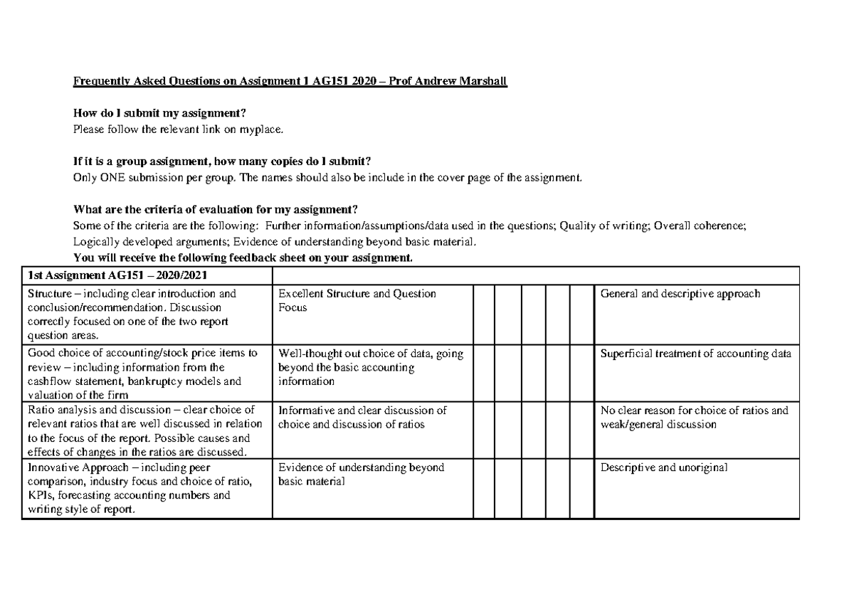 FAQs - Assignment 2020 - Frequently Asked Questions on Assignment 1 AG151 2020 – Prof Andrew ...