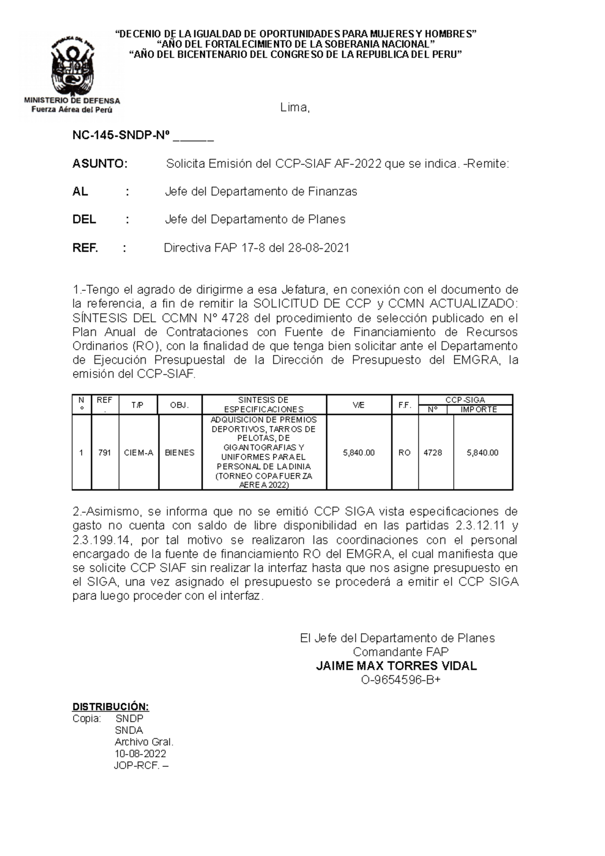 Oficios Solicitud CCP SIGA Dinia .... 10-08-22 - “DECENIO DE LA ...