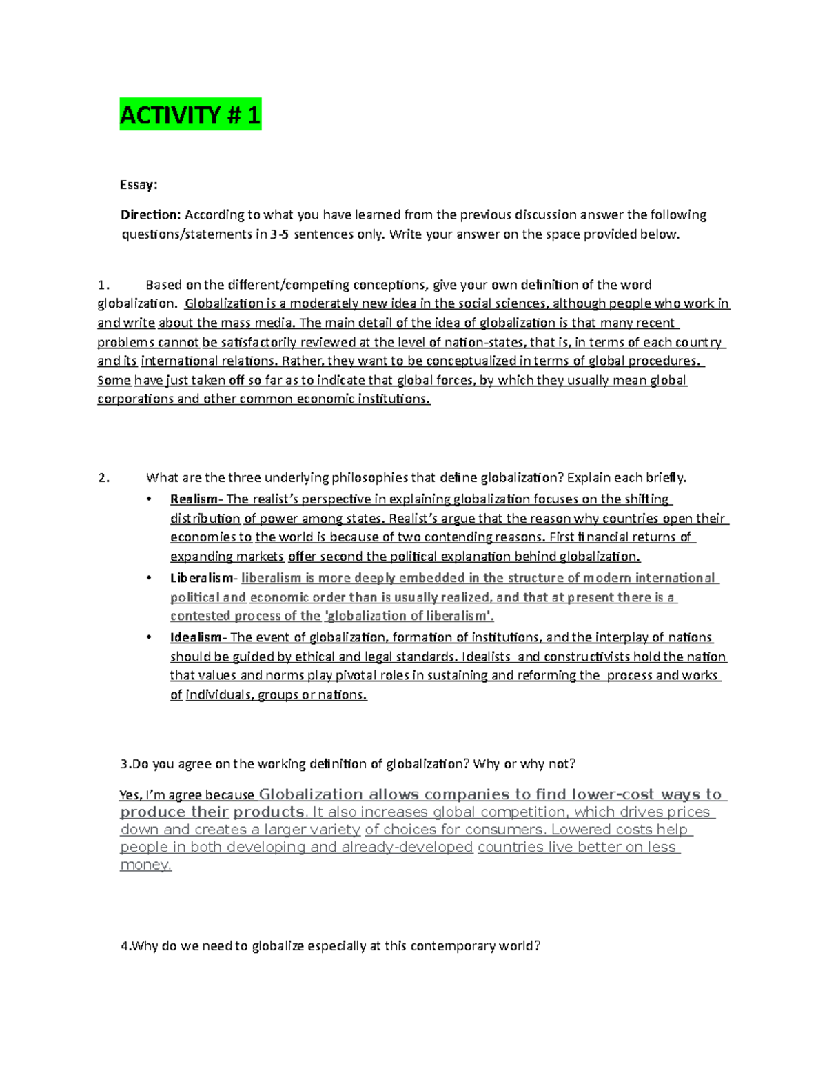 Realism - ACTIVITY # 1 Essay: Direction: According to what you have ...