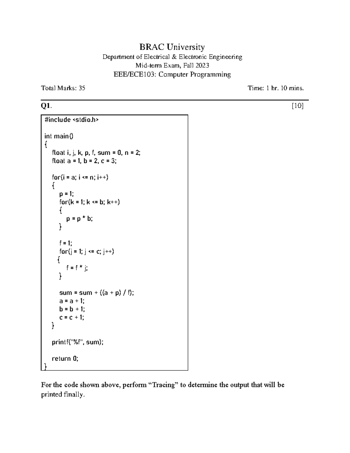 EEE103 Mid Fall23 - BRAC University Department of Electrical ...