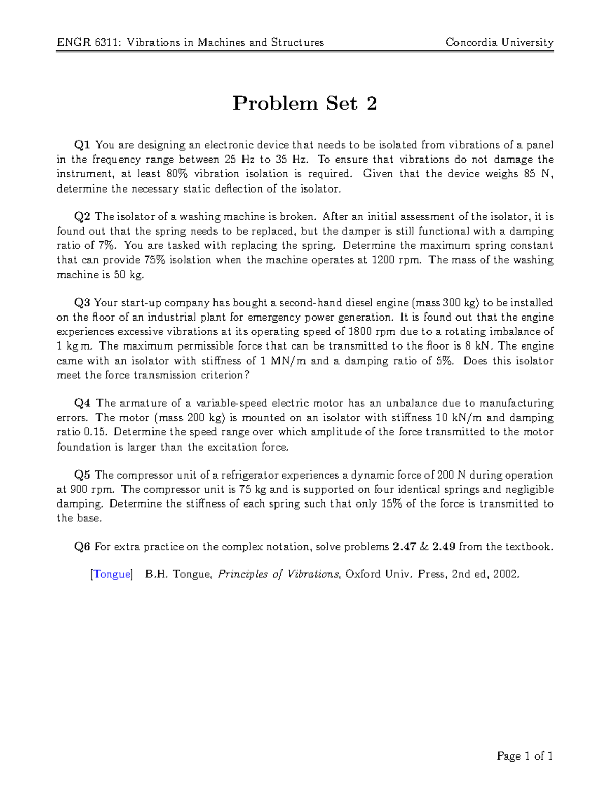 Problem Set 2 - ENGR 6311: Vibrations in Machines and Structures Concordia University Problem ...