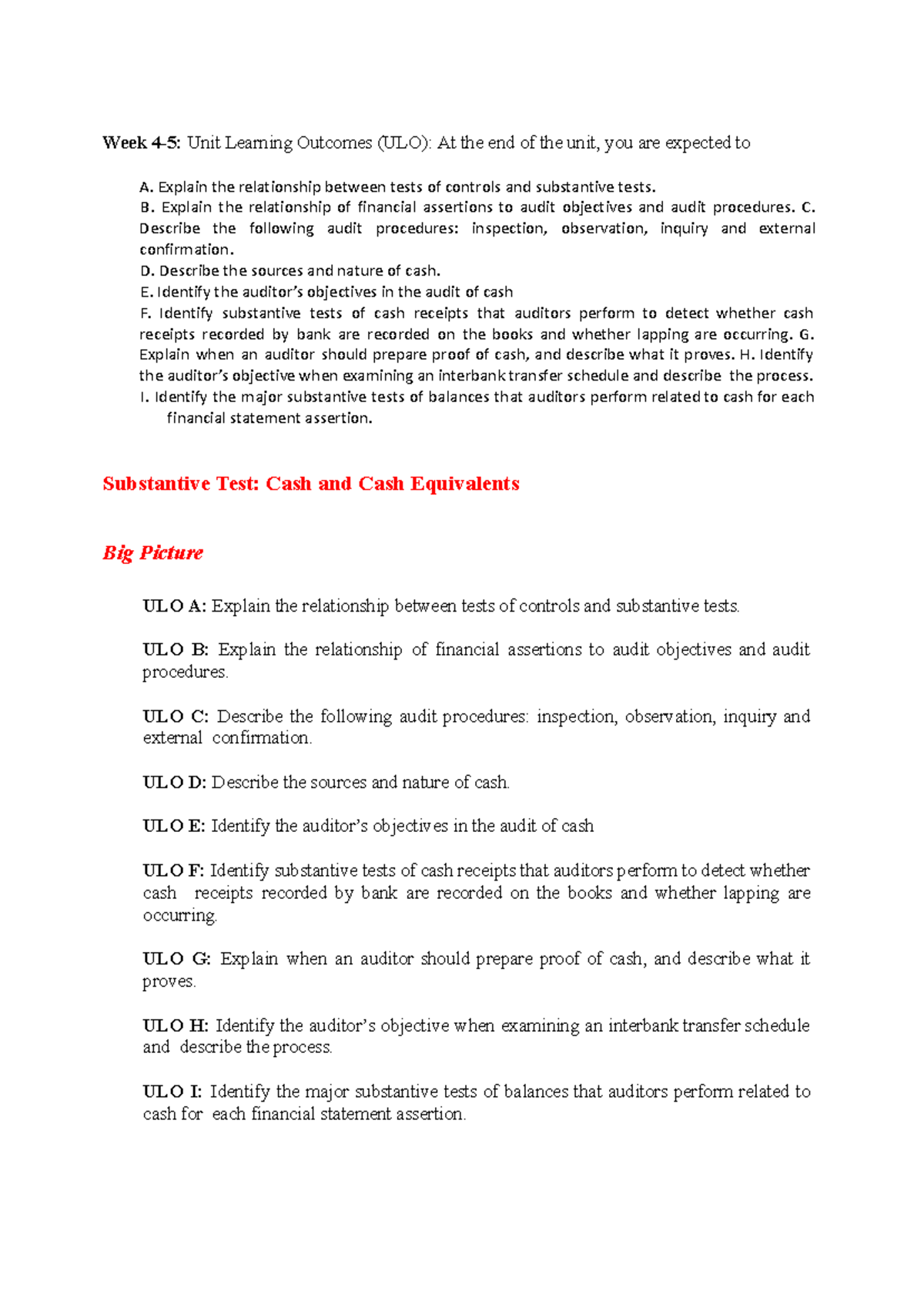 Audit Problem SIM - Week 4-5: Unit Learning Outcomes (ULO): At the end ...