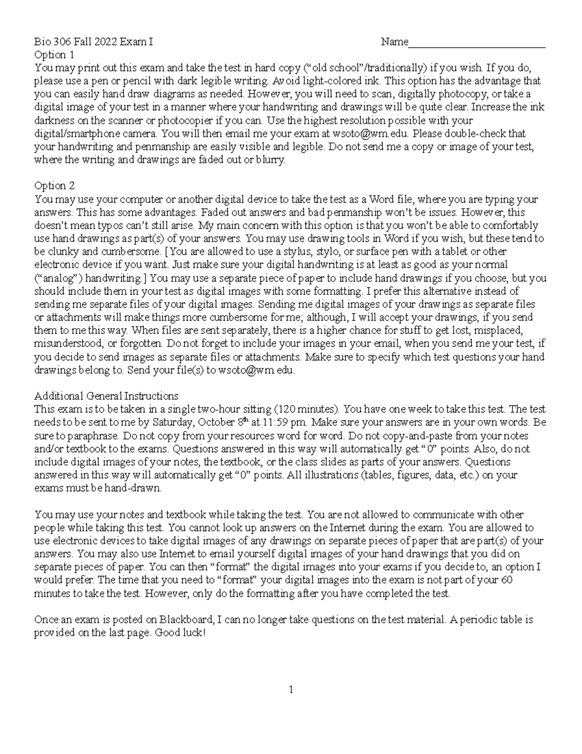 Exam I Fall 2022(1) - Exam I in Professor Soto's class - Bio 306 Fall 2022 Exam I - Studocu