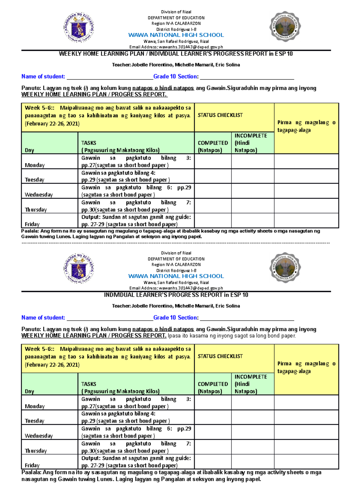 ESP-10- Individual- Learners- Progress- Report-2-nd-quarter-week-5-6 docx - Division of Rizal ...