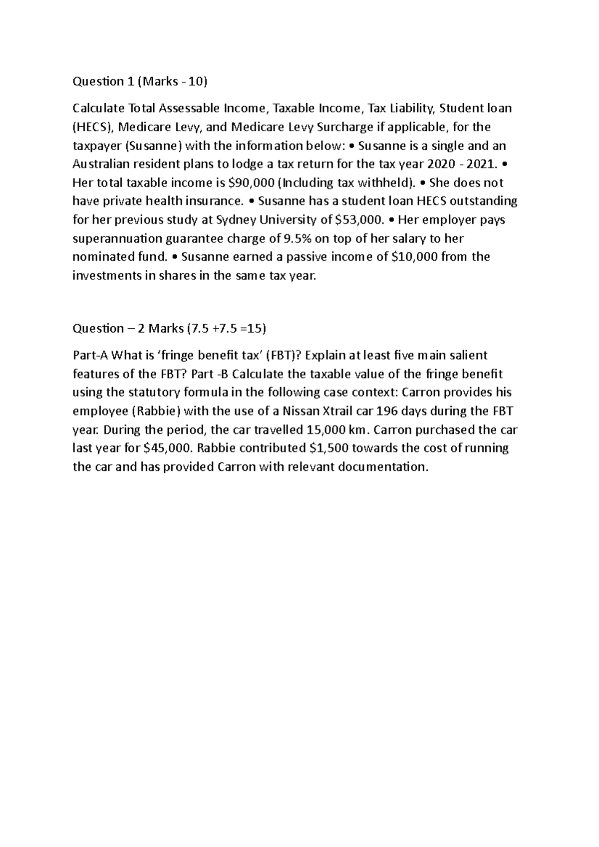 Case Studies of Specific Deductions and Tax Liability - Question 1 ...