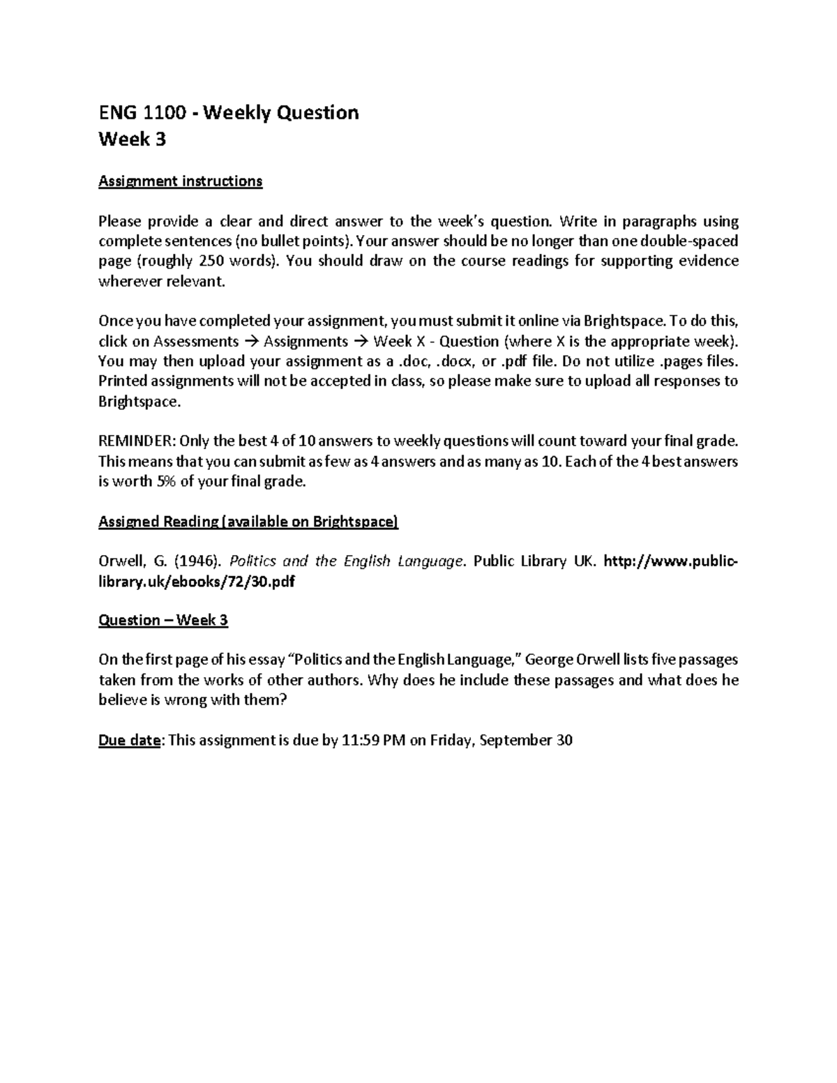 ENG 1100 - Week 3 question - ENG 1100 - Weekly Question Week 3 Assignment instructions Please ...