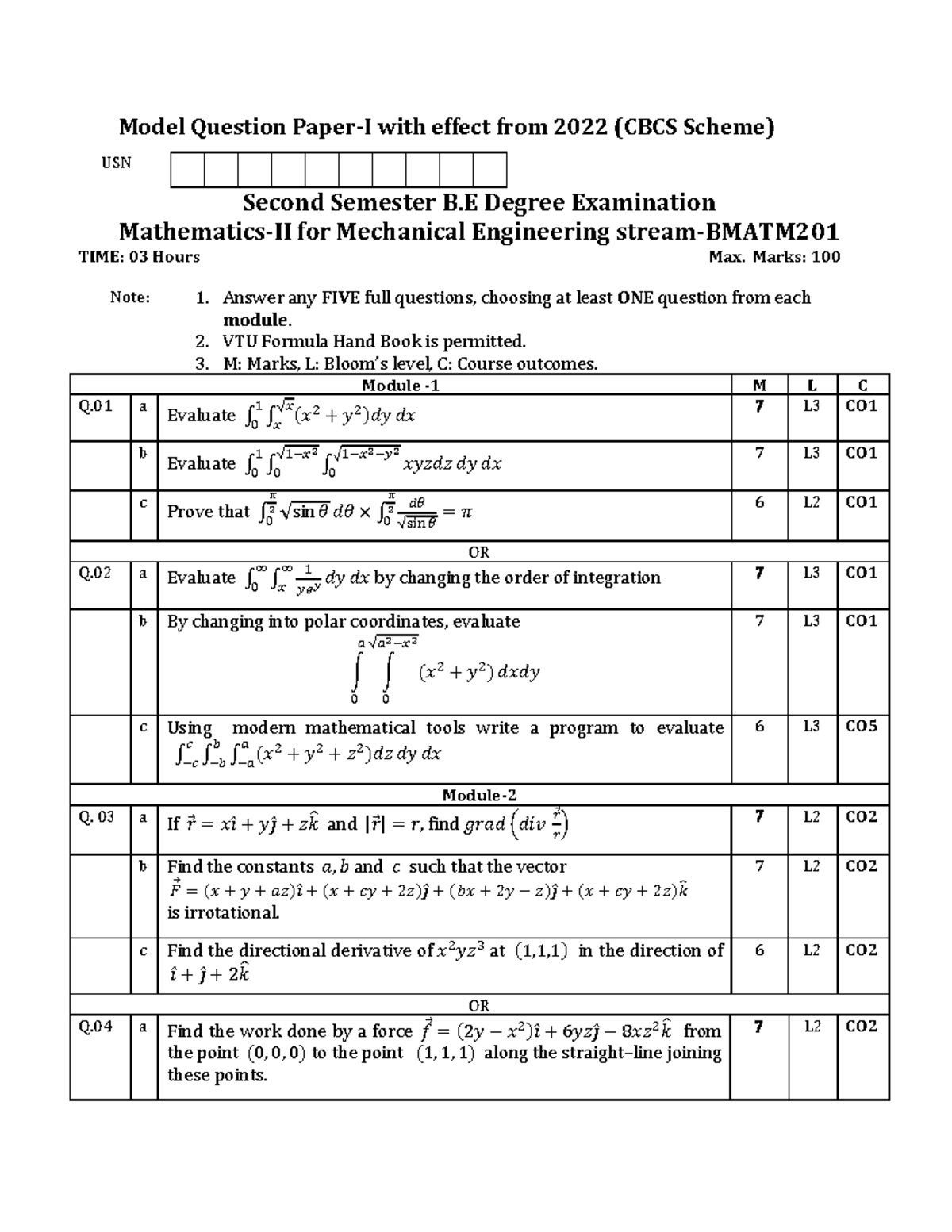 Model QP01 BMATM201 for Mechanical Engineering Stream - Model Question ...