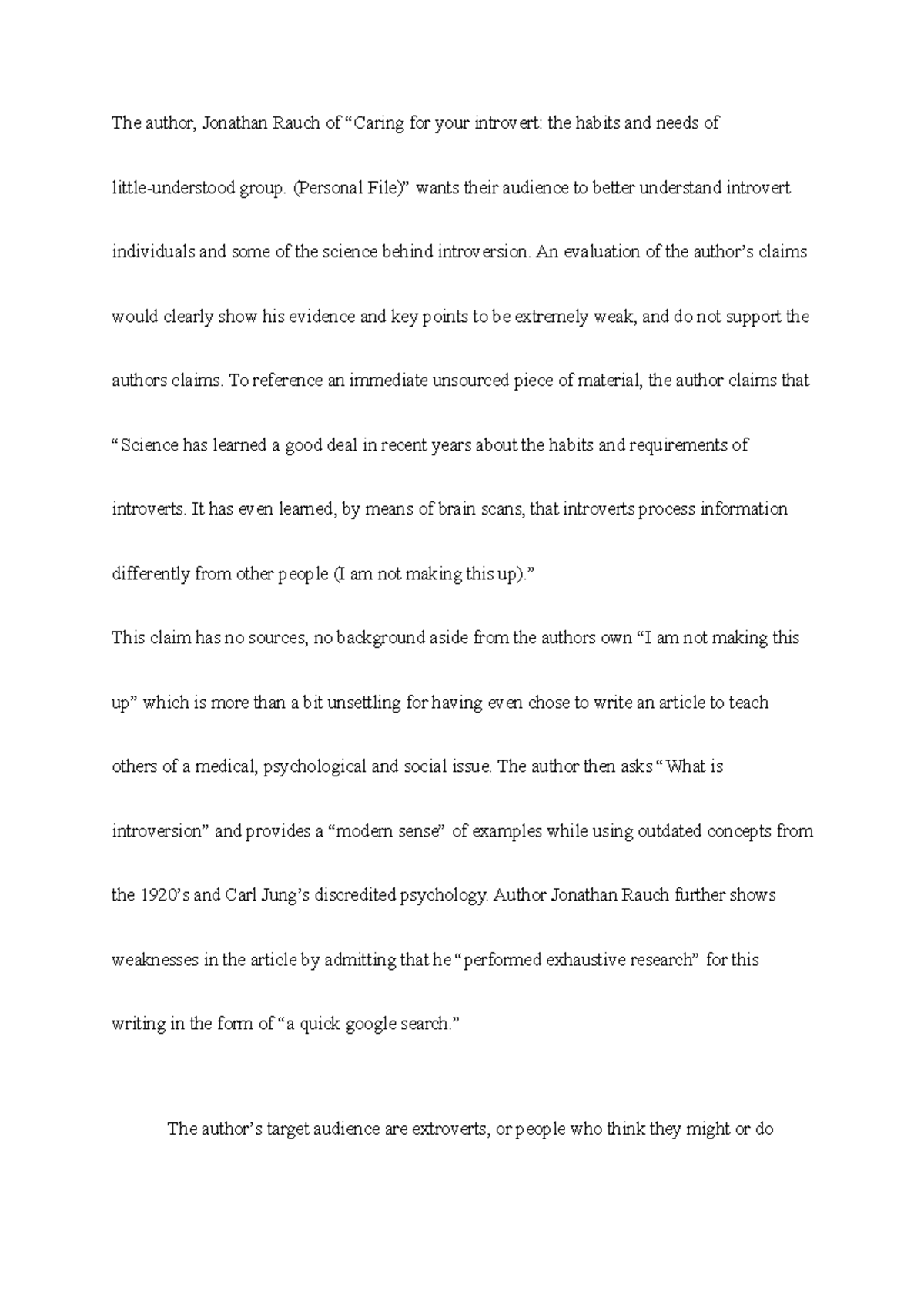 Caring for your Introvert Essay 2 audience evaluation - The author’s ...