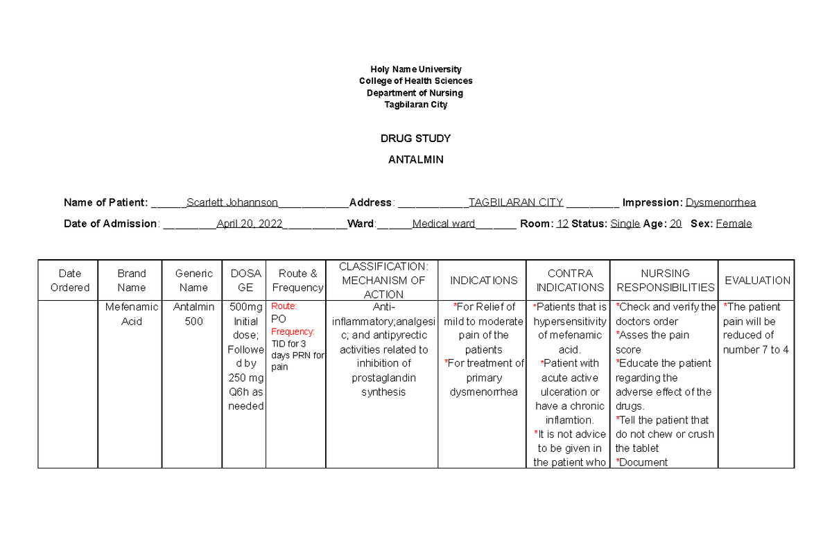 Drug Study ( antalmin) - Holy Name University College of Health ...