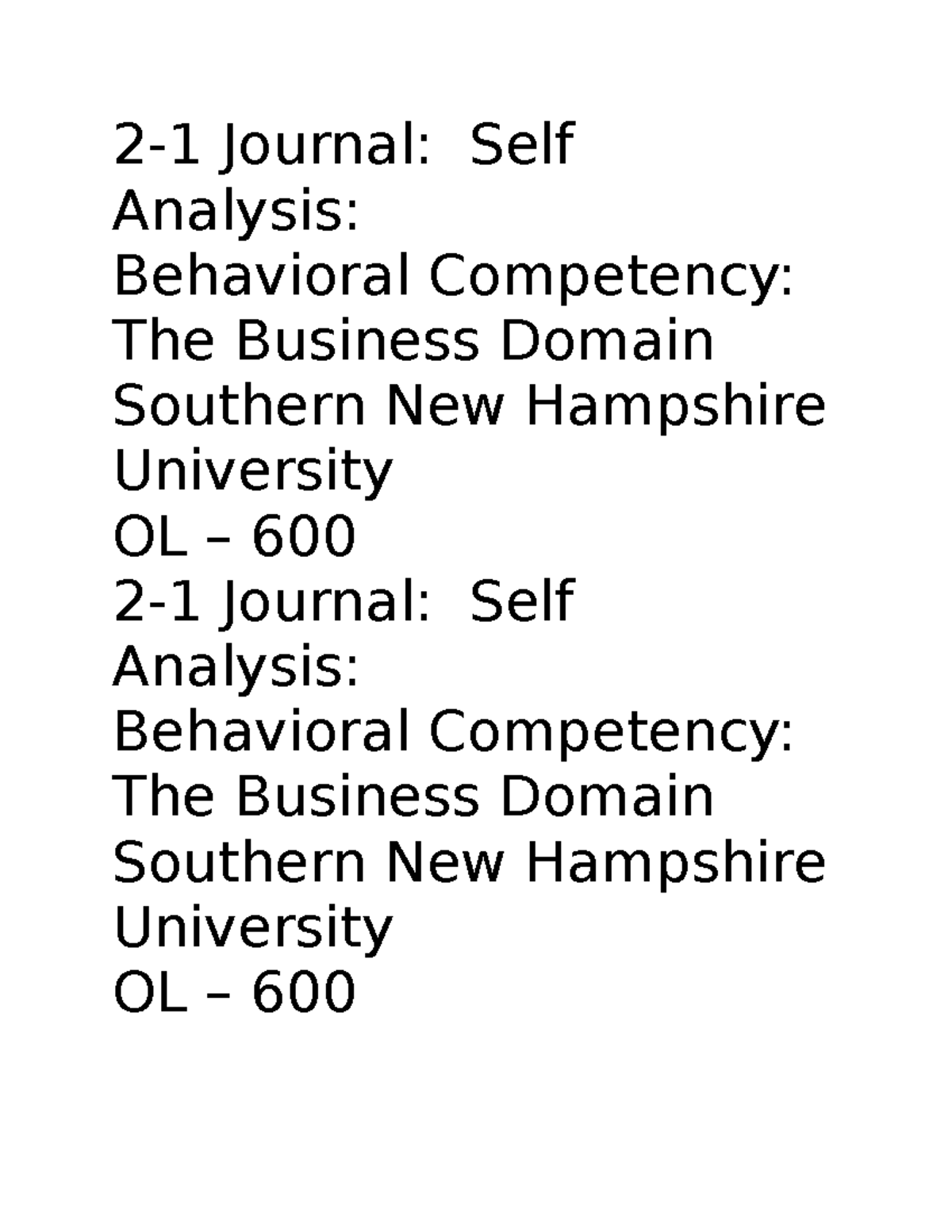 2-1 600 HRM - HRM - 2-1 Journal: Self Analysis: Behavioral Competency ...