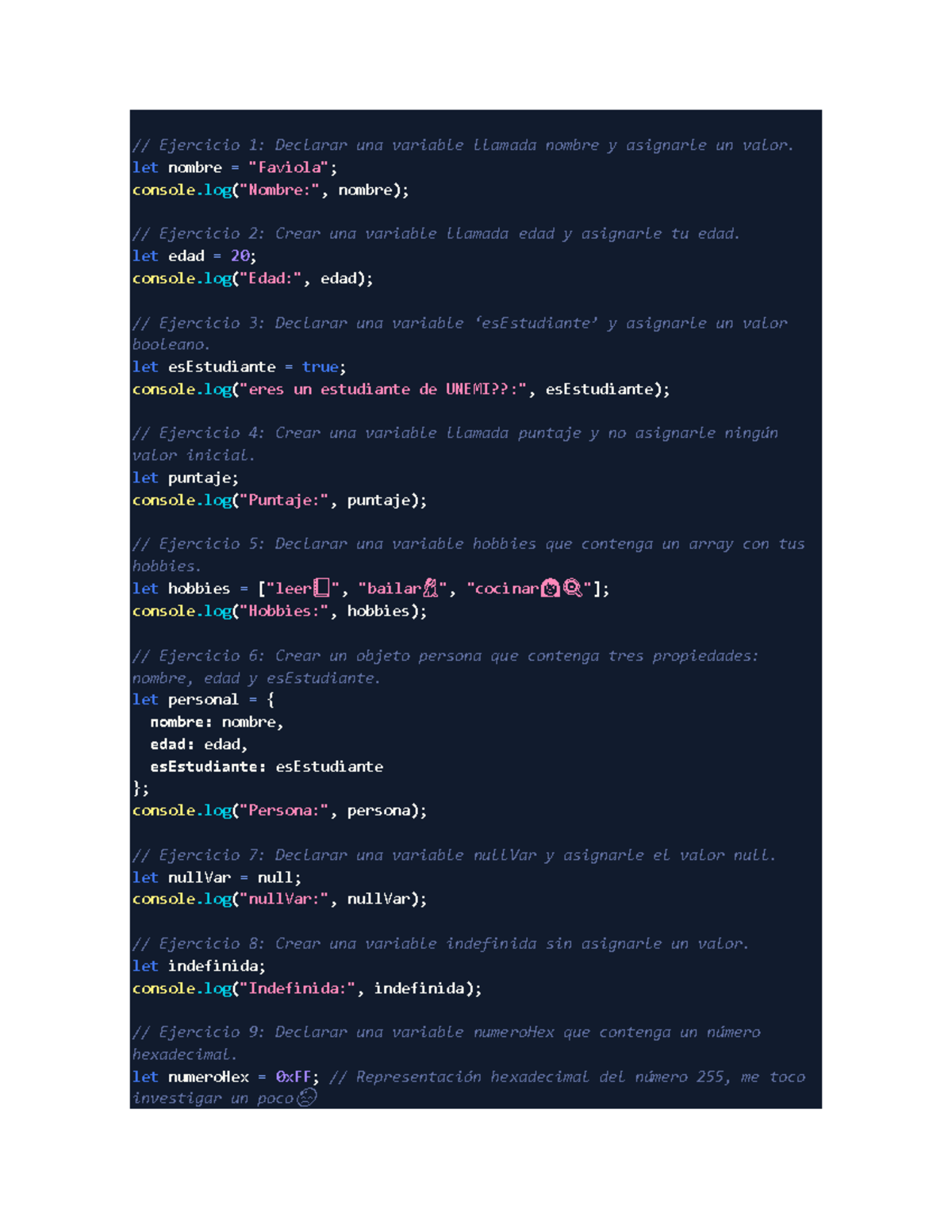 Taller#1 - ejercicos - // Ejercicio 1: Declarar una variable llamada ...
