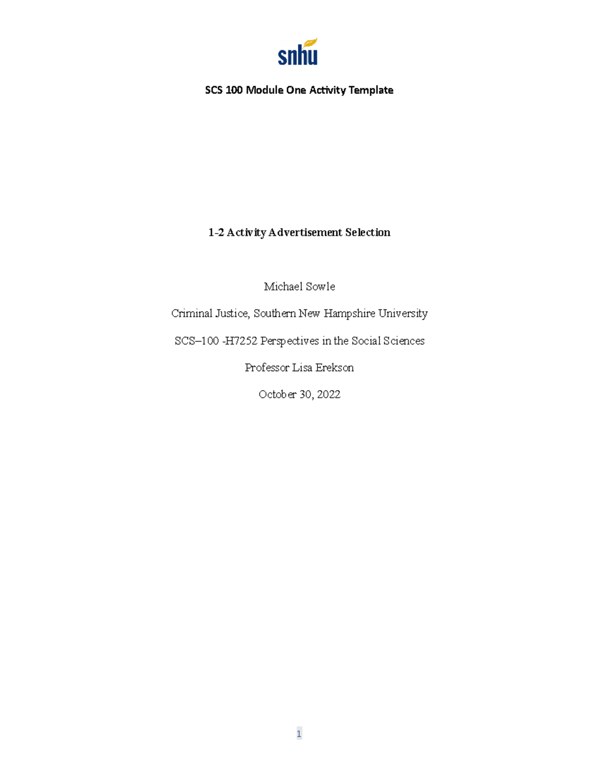 SCS 100 Module One Activity Template - 1-2 Activity Advertisement ...