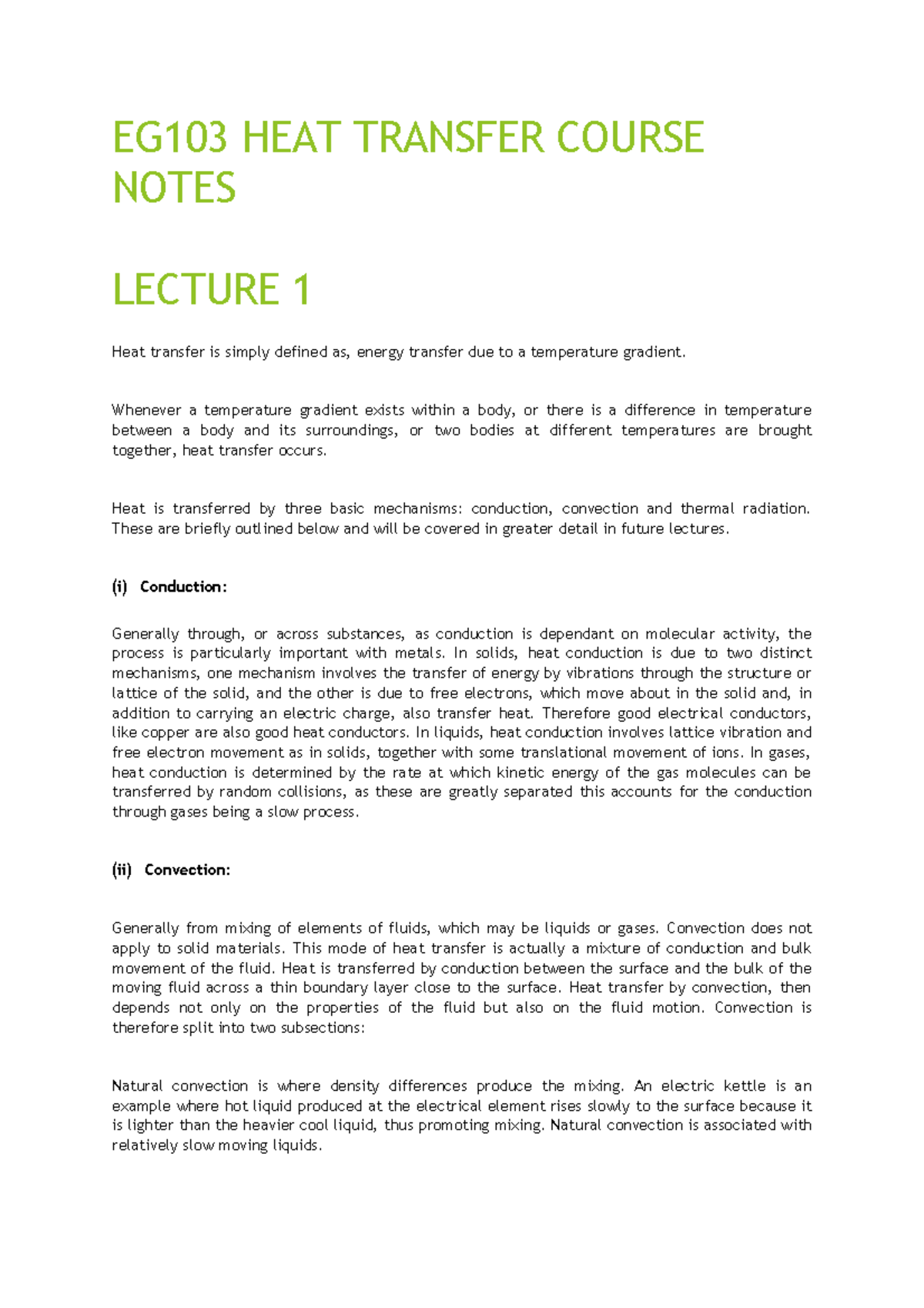 EG103 HEAT Transfer Course Notes - EG103 HEAT TRANSFER COURSE NOTES ...