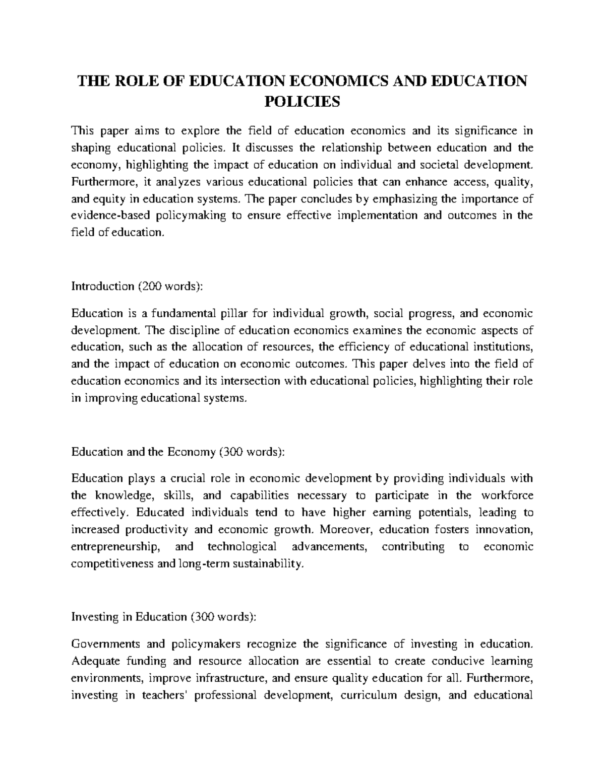 THE ROLE OF Education Economics AND Education Policies - THE ROLE OF ...