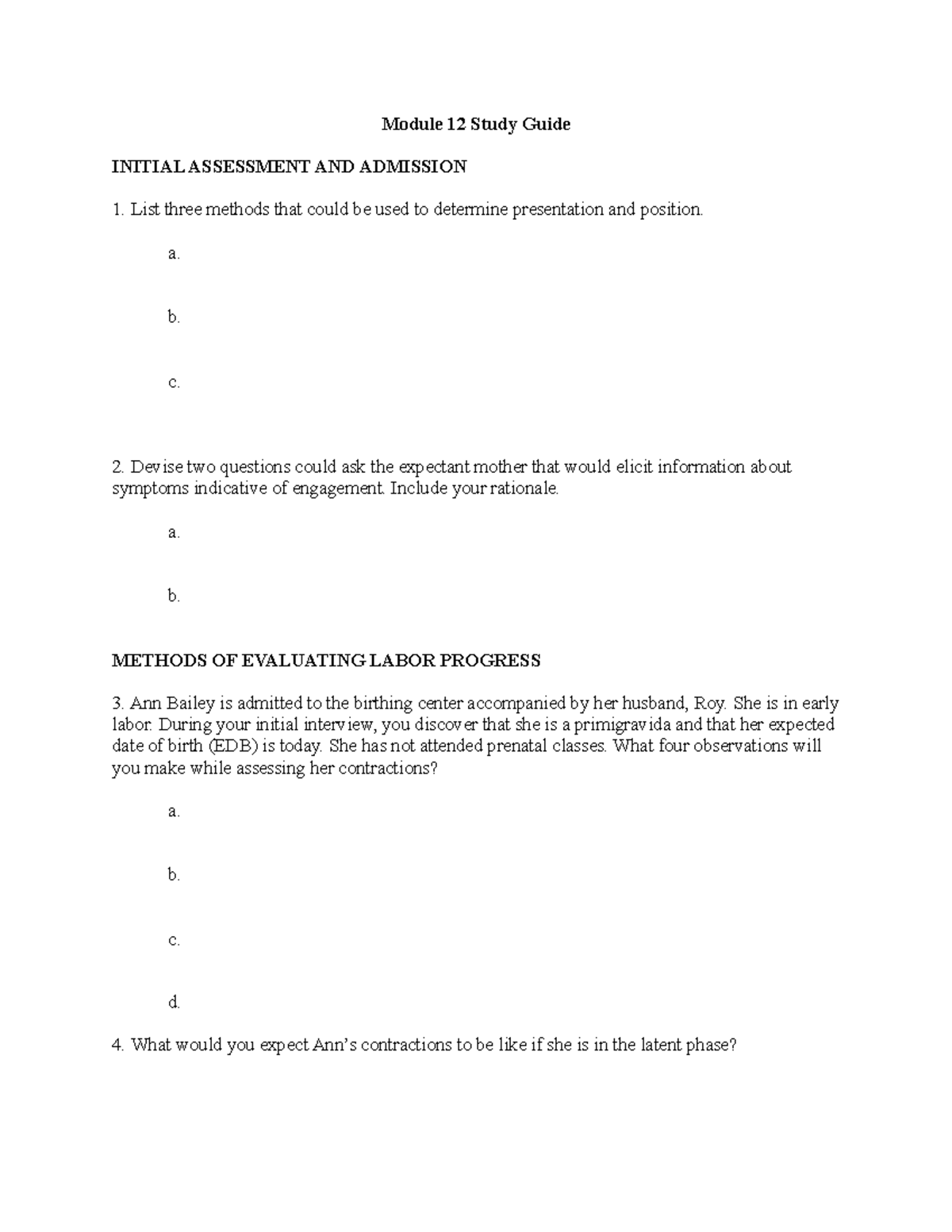 Labor Initial Assessment and Admission Study Guide - Module 12 Study ...