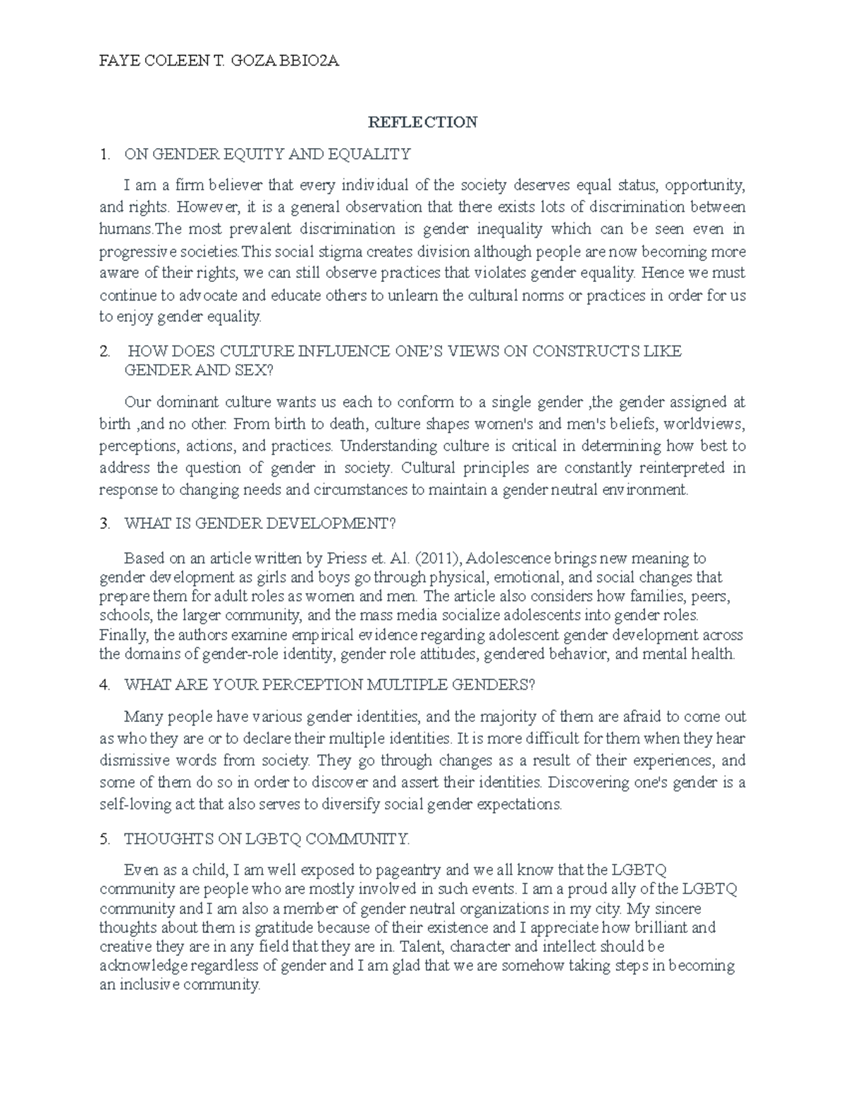 Reflection - Gender and Society - FAYE COLEEN T. GOZA BBIO2A REFLECTION ...