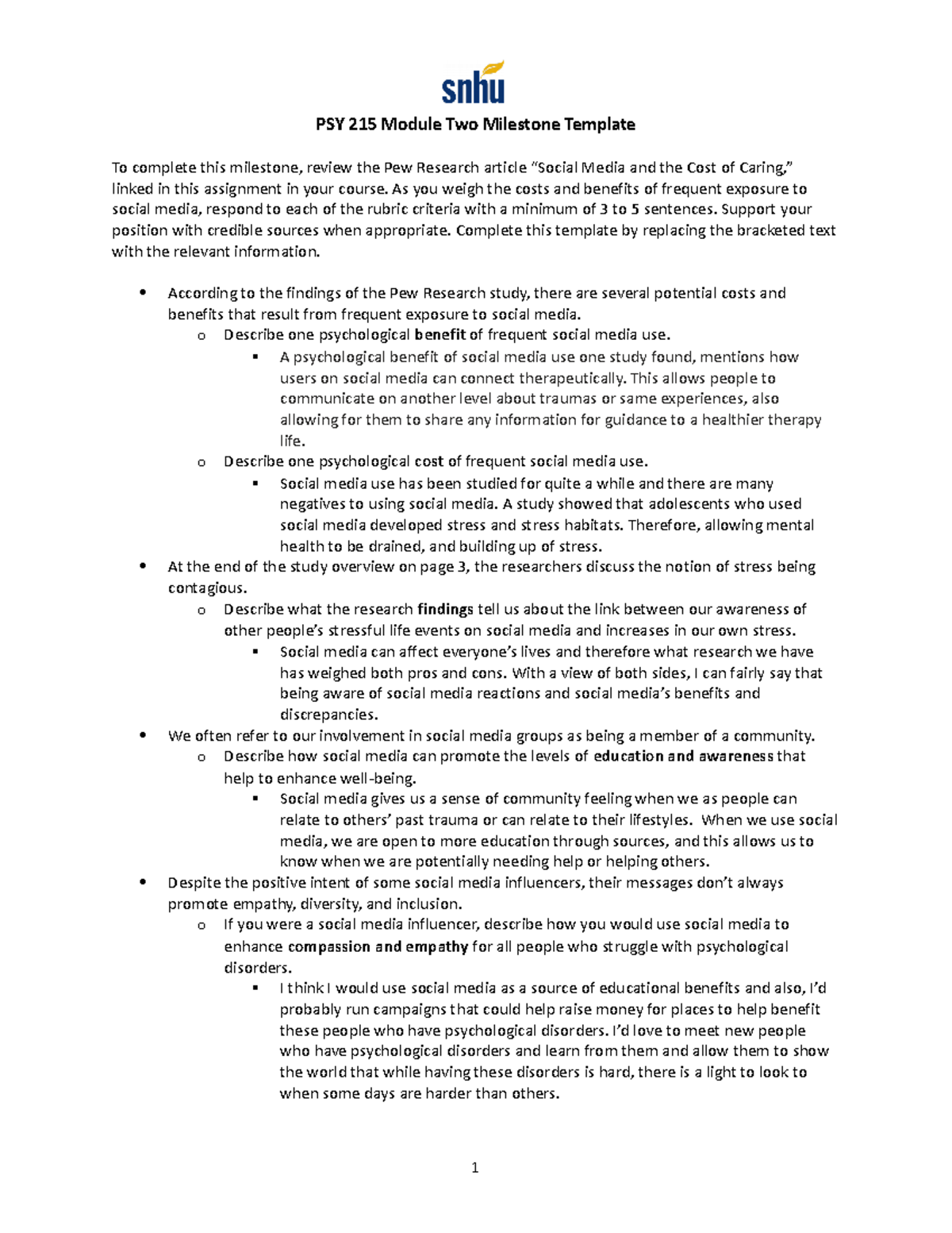 PSY 215 Module Two Milestone-Josie Roderick - PSY215 - SNHU - Studocu
