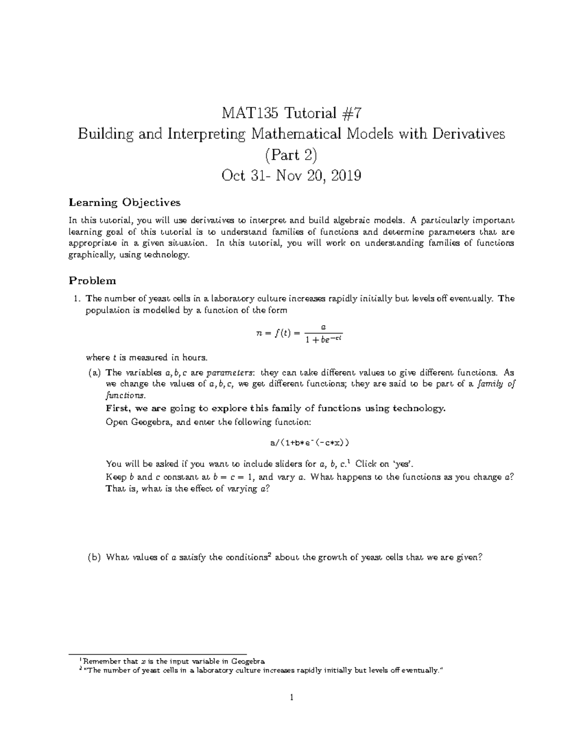 Tutorial 7 Interpreting Derivatives II - MAT135 Tutorial Building and Interpreting Mathematical ...