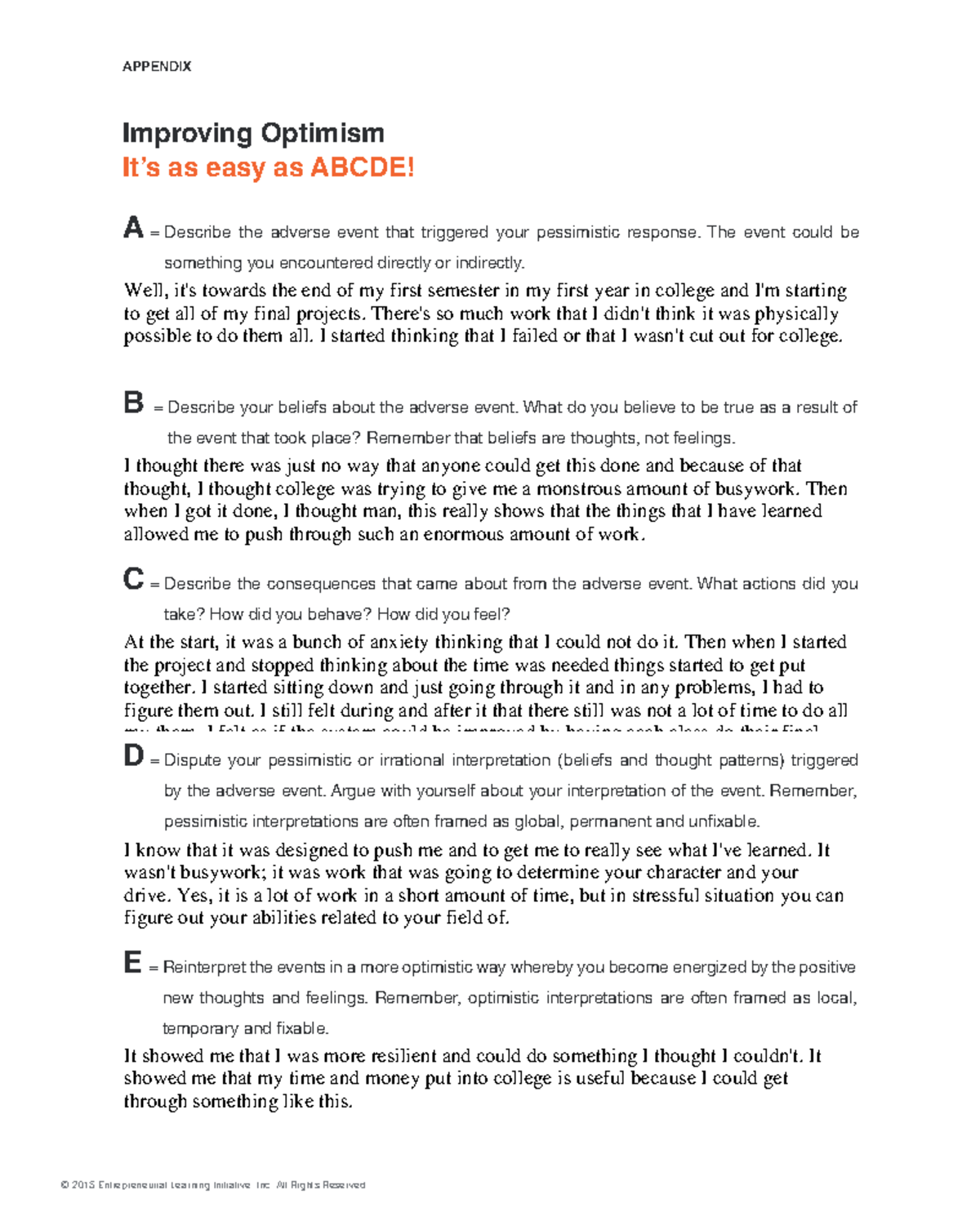 Improving Optimism Worksheet - APPENDIX © 2015 Entrepreneurial Learning ...