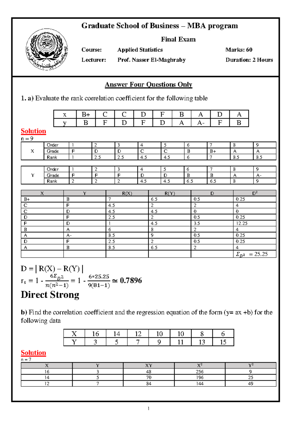 Model Final Exam with Answers 01 - Answer Four Questions Only 1. a ...