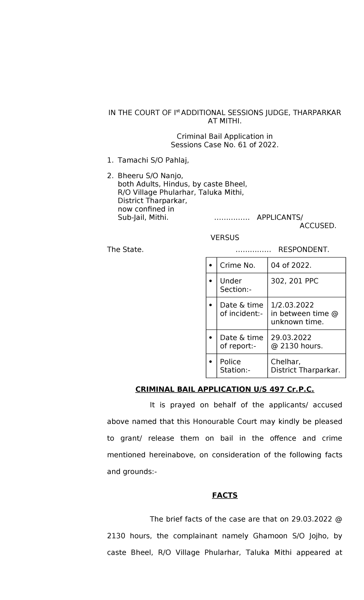 Ch(497.Tamachi Bheel 302, 201, 04 of 22 Chelhar 12 - IN THE COURT OF ...