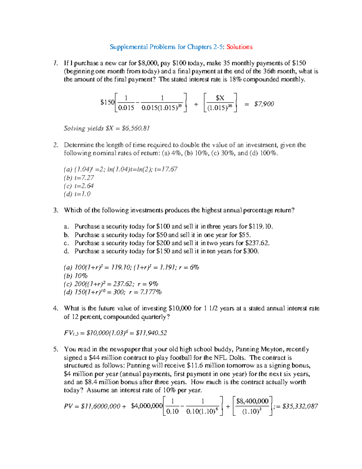 Chapter 2 5 Supplemental Problems Solutions - Supplemental Problems for Chapters 2-5: Solutions ...