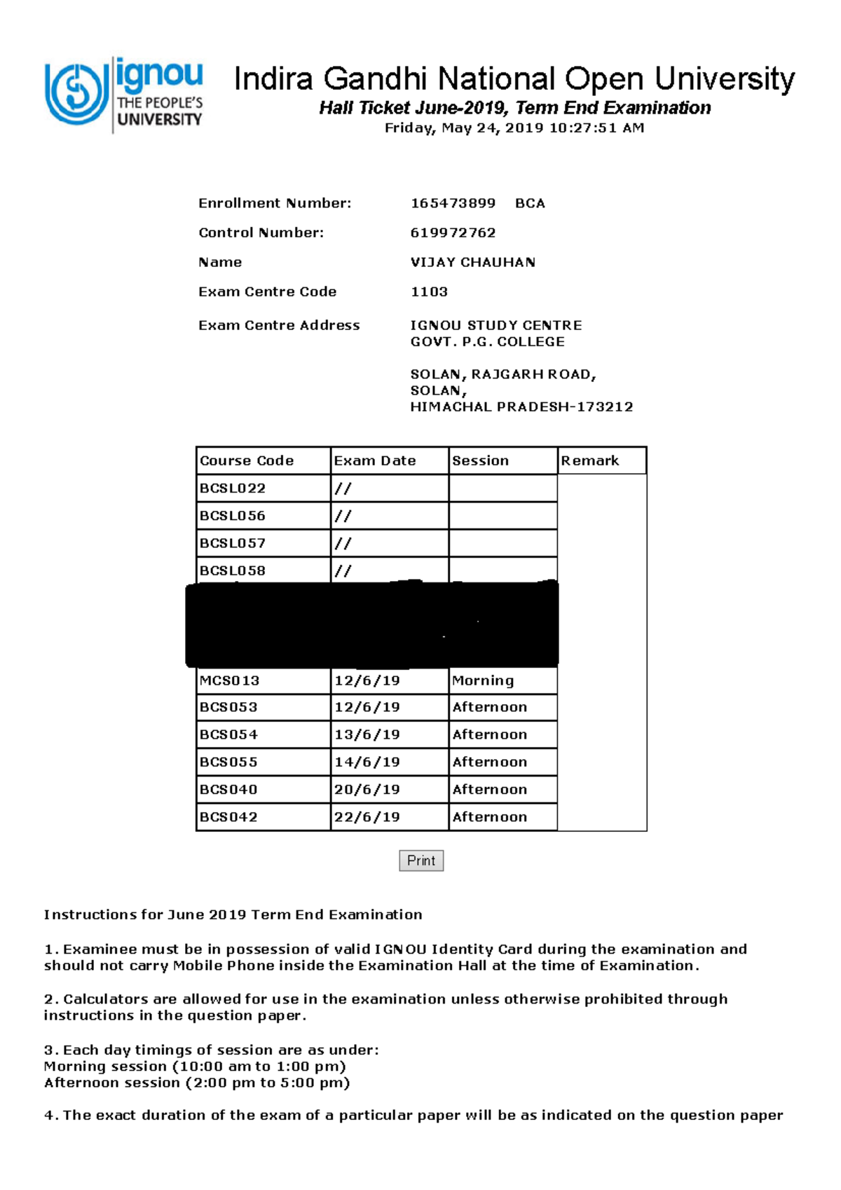 Hall Ticket - \nothing inside the document , - Indira Gandhi National ...