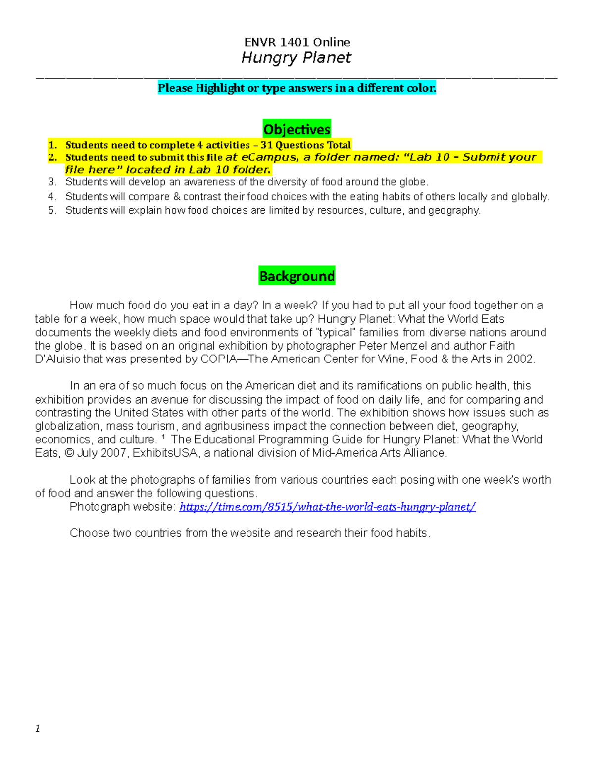 Lab 10 - Hungry Planet turn in today - ENVR 1401 Online Hungry Planet ...