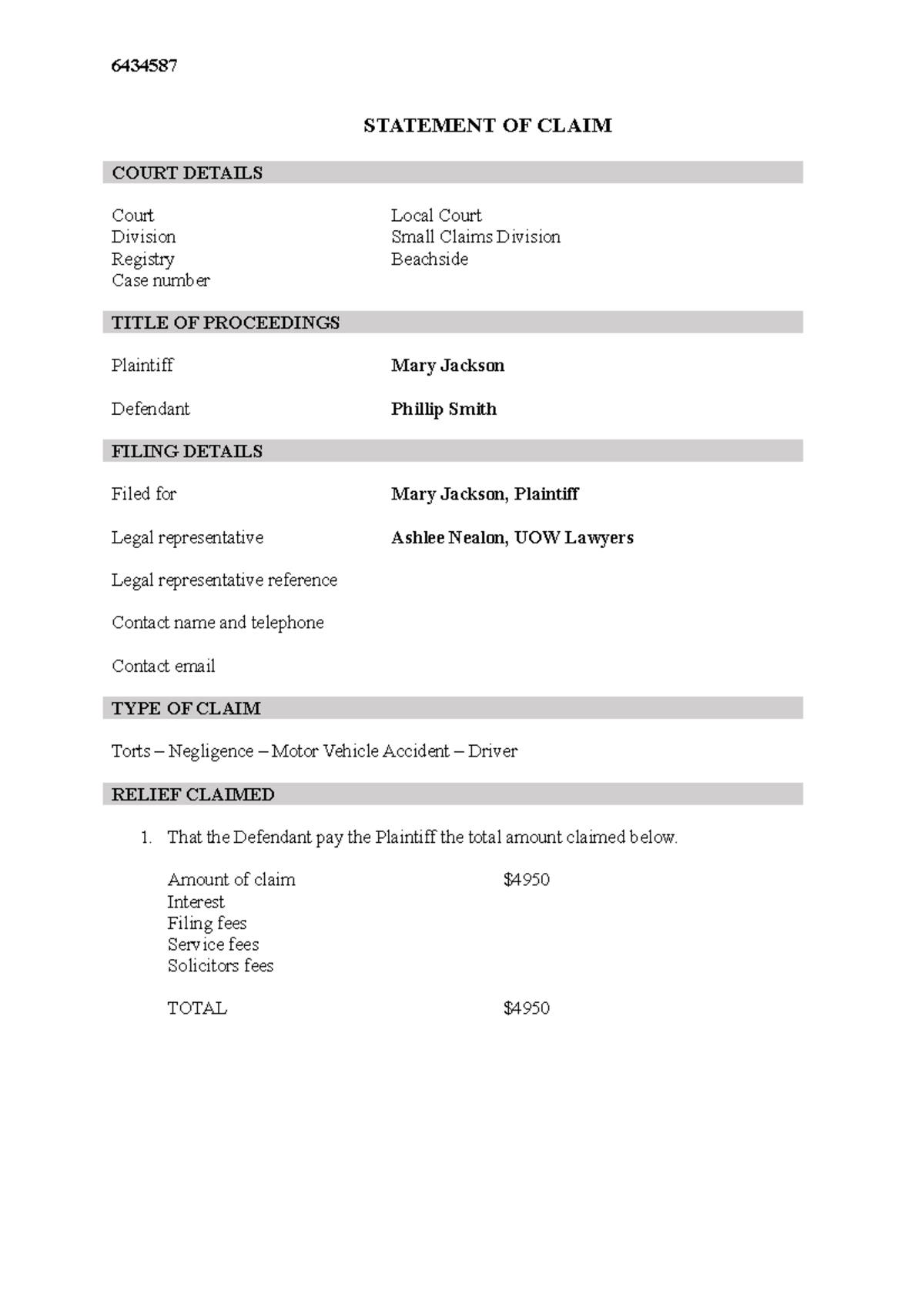 Advanced Legal Studies Drafting Assignment - STATEMENT OF CLAIM COURT ...